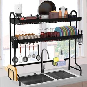 ULG Over The Sink Dish Drying Rack, 3 Tier Stainless Steel Length Adjustable (24.4"-37") Kitchen Counter Organizer, Large Dish Rack Drainer for Space Saver Storage Shelf with 6 Utility Hooks