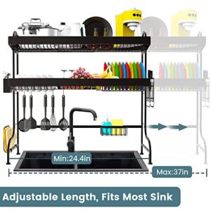 ULG Over The Sink Dish Drying Rack, 3 Tier Stainless Steel Length Adjustable (24.4"-37") Kitchen Counter Organizer, Large Dish Rack Drainer for Space Saver Storage Shelf with 6 Utility Hooks