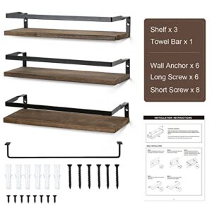 Set of 3, Wall Floating Bathroom Shelves with 1 Towel Bar - Wall Mounted Hanging Shelf for Bedroom, Living Room, Kitchen Storage Organizer - Rustic Farmhouse Bathroom Home Decor Clearance - Dark Brown