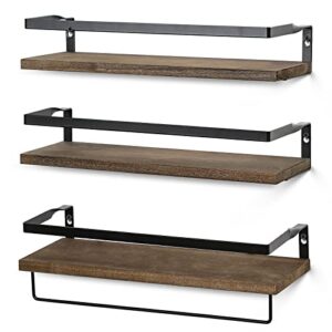 Set of 3, Wall Floating Bathroom Shelves with 1 Towel Bar - Wall Mounted Hanging Shelf for Bedroom, Living Room, Kitchen Storage Organizer - Rustic Farmhouse Bathroom Home Decor Clearance - Dark Brown