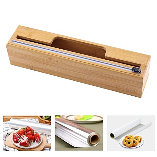 PrinMobel Plastic Wrap Dispenser with Cutter, Aluminum Foil, Parchment Paper, Wax Paper and Tin Foil Dispenser with Cutter for Kitchen Drawer or Wall Mount, Bamboo Roll Organizer Holder - 12" Roll