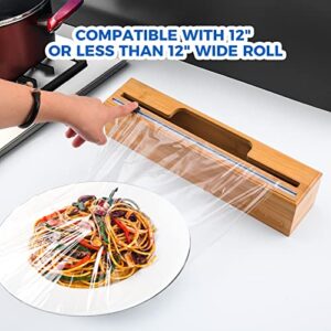 PrinMobel Plastic Wrap Dispenser with Cutter, Aluminum Foil, Parchment Paper, Wax Paper and Tin Foil Dispenser with Cutter for Kitchen Drawer or Wall Mount, Bamboo Roll Organizer Holder - 12" Roll