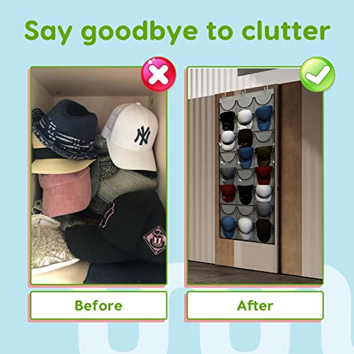 Unjumbly Baseball Hat Rack, 24 Pocket Over-The-Door Cap Organizer with Clear Deep Pockets to Protect, Store and Display Your Baseball Caps Collection, Complete with Over Door Hooks