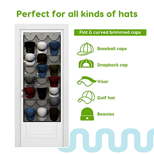 Unjumbly Baseball Hat Rack, 24 Pocket Over-The-Door Cap Organizer with Clear Deep Pockets to Protect, Store and Display Your Baseball Caps Collection, Complete with Over Door Hooks