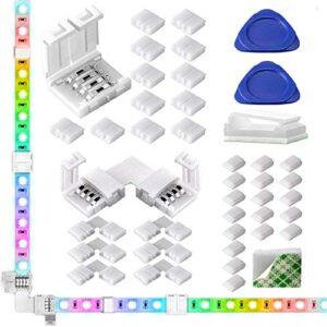 led strip light connectors 40packs, 10mm unwired 4 pin 5050 rgb led light strips connectors kit,12 gapless connectors, 6 corner connectors for multicolor led strip 5v 12v 24v 20wire clips 2 open tool