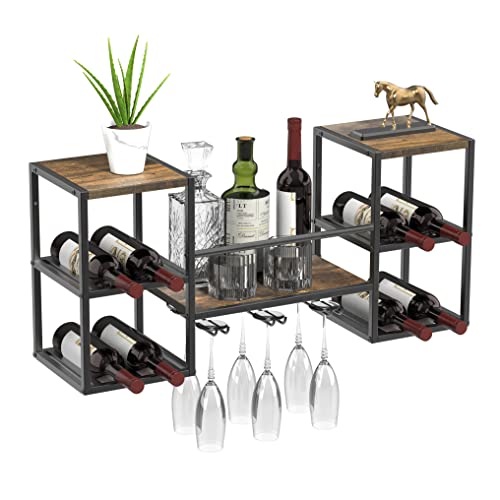 MOOMLIFE Wine Rack Wall Mounted with 3 Stem Glass Holders, Holds 12 Bottles Wine, Liquor Bottle Display Shelf, Elegant Storage for Kitchen, Dining Room