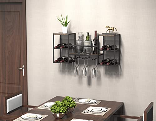 MOOMLIFE Wine Rack Wall Mounted with 3 Stem Glass Holders, Holds 12 Bottles Wine, Liquor Bottle Display Shelf, Elegant Storage for Kitchen, Dining Room