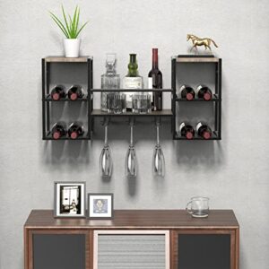 MOOMLIFE Wine Rack Wall Mounted with 3 Stem Glass Holders, Holds 12 Bottles Wine, Liquor Bottle Display Shelf, Elegant Storage for Kitchen, Dining Room