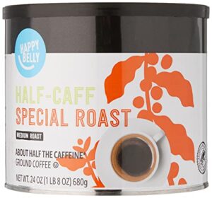 amazon brand – happy belly half caffeine canister coffee, medium roast, 24 ounce