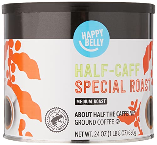 Amazon Brand - Happy Belly Half Caffeine Canister Coffee, Medium Roast, 24 Ounce