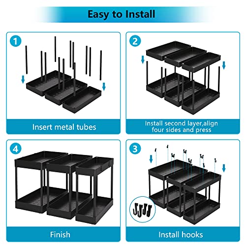 JuJeKwk Bathroom Organizer Under Sink 3 Pack, 2 Tier Bathroom Cabinet Organizer, Large capacity Under Sink Organizer, Bathroom Counter Organizer with 12 Hooks