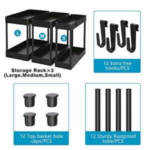 JuJeKwk Bathroom Organizer Under Sink 3 Pack, 2 Tier Bathroom Cabinet Organizer, Large capacity Under Sink Organizer, Bathroom Counter Organizer with 12 Hooks