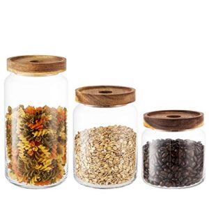 kmwares set of 3 clear glass food jars/canisters with airtight seal acacia wood lids for kitchen/bathroom/pantry storage, serving pasta, candy, snack, leaf tea, coffee bean, dry food