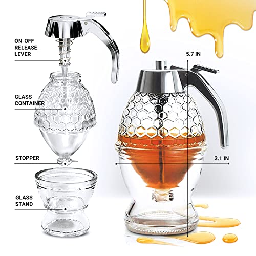 Glass Honey Dispenser – No Drips, No Trails – CLEVLI Honey Dispenser 8 Oz with Stand – Honey Pot – Honey Jar Glass – Easy-to-clean Glass – Honey Dispenser With Honeycomb Design and Stand