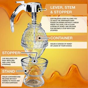 Glass Honey Dispenser – No Drips, No Trails – CLEVLI Honey Dispenser 8 Oz with Stand – Honey Pot – Honey Jar Glass – Easy-to-clean Glass – Honey Dispenser With Honeycomb Design and Stand