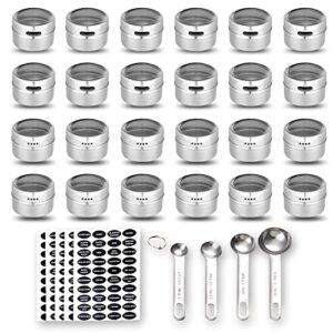 24 magnetic spice tins, 200 spice labels, 4 stainless steel measuring spoons by hanindy. magnetic spice containers organizer storage condiment jar set of 24, clear lid, sift and pour