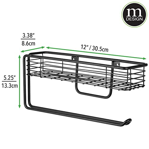 mDesign Wall Mount Metal Paper Towel Holder with Storage Shelf for Kitchen, Pantry, Laundry, Garage Organization - Shelf Holds Spice Bottles, Glass Jars, Oils and Vinegars - Black