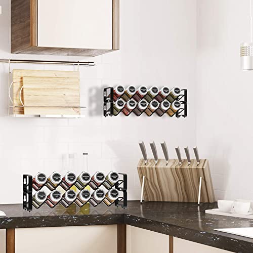 Auledio 4-Tier Stackable Spice Rack with 24 Glass, Seasoning Bottle Organizer with 80 Labels with Chalk Marker and Funnel Complete Set for Countertop, Cabinet or Wall Mount