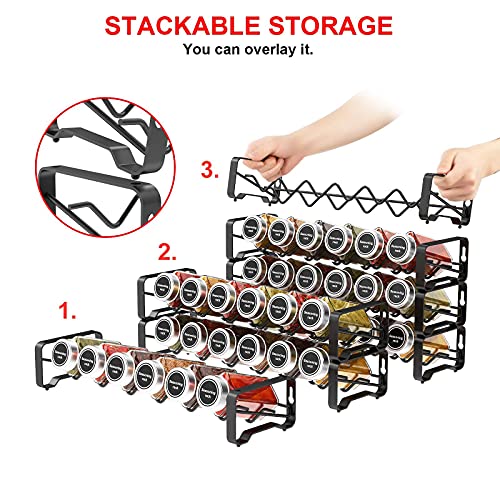 Auledio 4-Tier Stackable Spice Rack with 24 Glass, Seasoning Bottle Organizer with 80 Labels with Chalk Marker and Funnel Complete Set for Countertop, Cabinet or Wall Mount