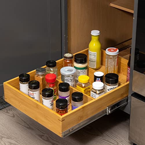 Pull Out Cabinet Drawer Organizer, Sliding Bamboo Wood Storage Rack Organization, Gliding Cupboard Shelf for Kitchen, Pantry, Slide Out Spice Rack Container Lid Organizer with Dividers, 14”W x 21”D