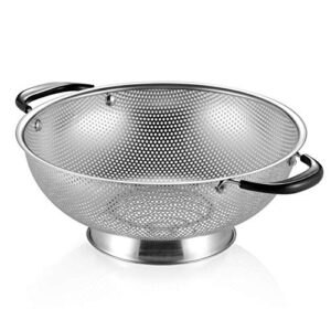 18/8 stainless steel colander, easy grip micro-perforated 5-quart colander, strainer with riveted and heat resistant handles, bpa free. great for pasta, noodles, vegetables and fruits