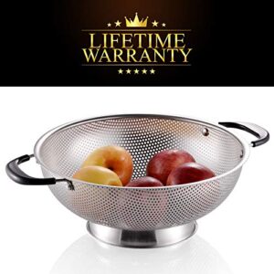 18/8 Stainless Steel Colander, Easy Grip Micro-Perforated 5-Quart Colander, Strainer with Riveted and Heat Resistant Handles, BPA Free. Great for Pasta, Noodles, Vegetables and Fruits