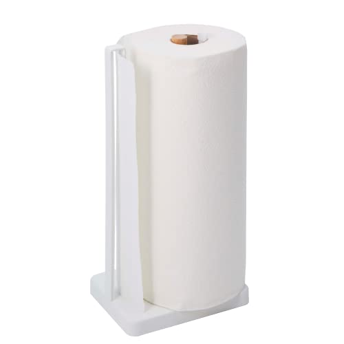 Yamazaki Home One-Handed Tear Paper Towel Holder - Kitchen Storage Rack, Steel + Wood, No Assembly Req.