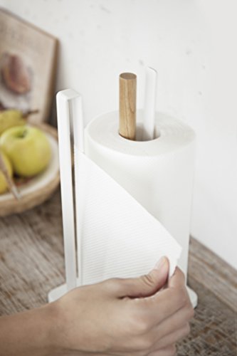 Yamazaki Home One-Handed Tear Paper Towel Holder - Kitchen Storage Rack, Steel + Wood, No Assembly Req.