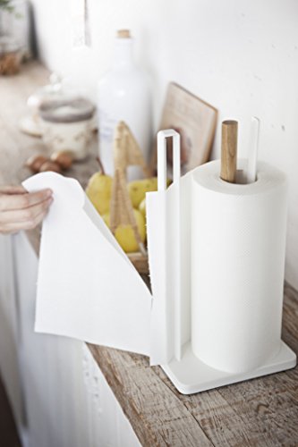 Yamazaki Home One-Handed Tear Paper Towel Holder - Kitchen Storage Rack, Steel + Wood, No Assembly Req.