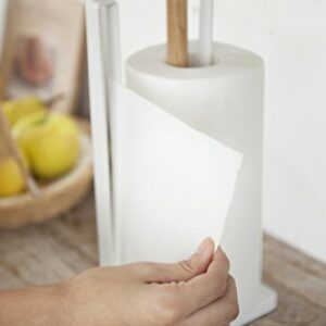 Yamazaki Home One-Handed Tear Paper Towel Holder - Kitchen Storage Rack, Steel + Wood, No Assembly Req.