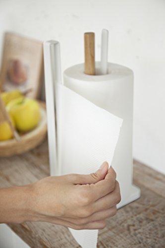 Yamazaki Home One-Handed Tear Paper Towel Holder - Kitchen Storage Rack, Steel + Wood, No Assembly Req.