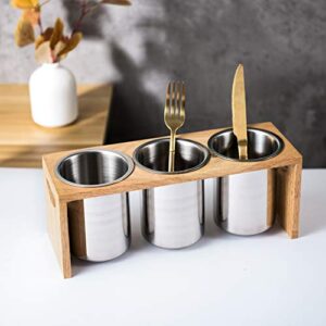 IMEEA Silverware Caddy Flatware Holder Stainless Steel Utensil Caddy Organizer with Wood Base for Countertop Parties Kitchen