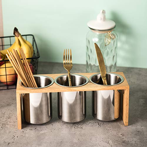 IMEEA Silverware Caddy Flatware Holder Stainless Steel Utensil Caddy Organizer with Wood Base for Countertop Parties Kitchen