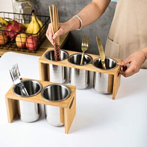 IMEEA Silverware Caddy Flatware Holder Stainless Steel Utensil Caddy Organizer with Wood Base for Countertop Parties Kitchen