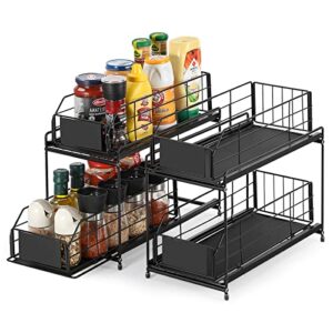 2 pack – 2-tier under sink cabinet organizer with sliding storage drawer, spice rack, pull out cabinets organizer shelf baskets, for kitchen, pantry, under the sink, cabinet, bathroom, black