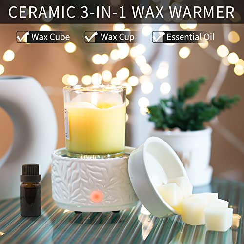 ElusiaKa Wax Melt Warmer Burner Ceramic 3-in-1 Oil Burner Electric Wax Melt Warmer Wax Warmer Burner Melter Fragrance Warmer for Home Office Bedroom Aromatherapy Gift& Décor (White Leaves)