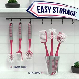 Dish Brush Set of 3 with Bottle Water Brush, Dish Scrub Brush and Scrubber Brush - Kitchen Scrub Brushes Ergonomic Non Slip Long Handle for Cleaning Cleaner Wash Sink Dishes Bottle Cup Glass Pot (Red)