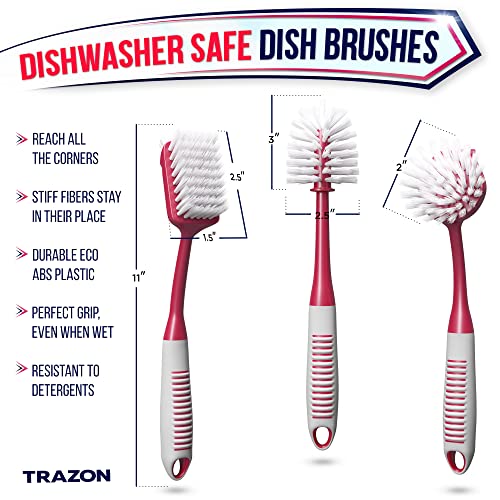 Dish Brush Set of 3 with Bottle Water Brush, Dish Scrub Brush and Scrubber Brush - Kitchen Scrub Brushes Ergonomic Non Slip Long Handle for Cleaning Cleaner Wash Sink Dishes Bottle Cup Glass Pot (Red)