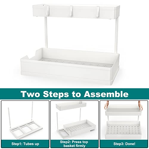 IRONBOX Under Sink Organizer, 2 Pack Pull Out Cabinet Organizer 2-Tier Slide Out Sliding Shelf Under Cabinet Storage for Bathroom Kitchen Sink Organizers and Storage (White-2 Pack)