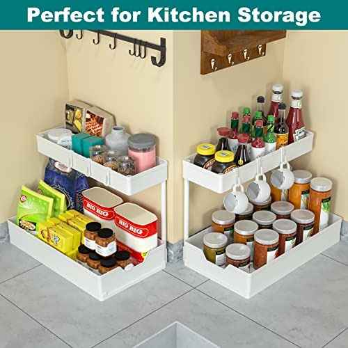 IRONBOX Under Sink Organizer, 2 Pack Pull Out Cabinet Organizer 2-Tier Slide Out Sliding Shelf Under Cabinet Storage for Bathroom Kitchen Sink Organizers and Storage (White-2 Pack)