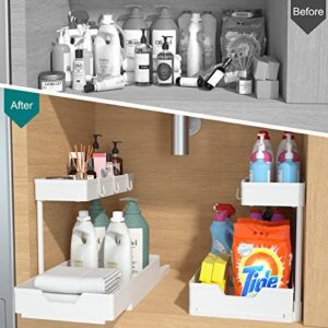 IRONBOX Under Sink Organizer, 2 Pack Pull Out Cabinet Organizer 2-Tier Slide Out Sliding Shelf Under Cabinet Storage for Bathroom Kitchen Sink Organizers and Storage (White-2 Pack)