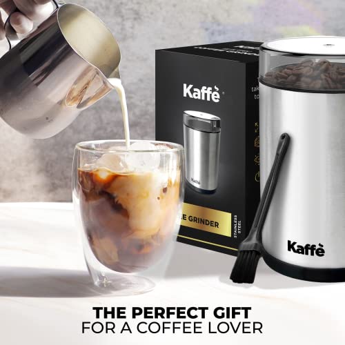 Kaffe Coffee Grinder Electric - Spice Grinder w/Cleaning Brush, Easy On/Off - Perfect for Espresso, Herbs, Spices, Nuts, Grain - 3.5oz / 14 Cup. Stainless Steel