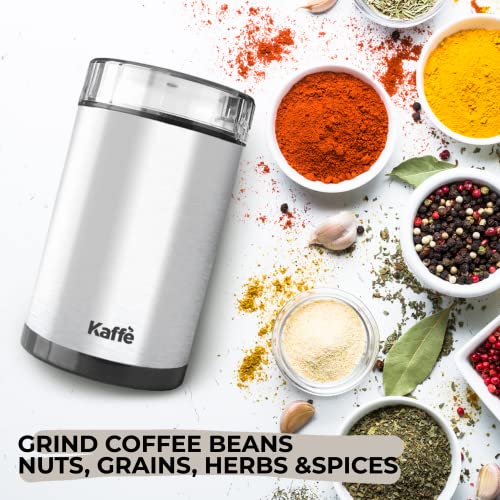 Kaffe Coffee Grinder Electric - Spice Grinder w/Cleaning Brush, Easy On/Off - Perfect for Espresso, Herbs, Spices, Nuts, Grain - 3.5oz / 14 Cup. Stainless Steel