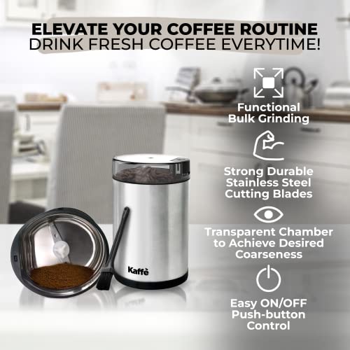 Kaffe Coffee Grinder Electric - Spice Grinder w/Cleaning Brush, Easy On/Off - Perfect for Espresso, Herbs, Spices, Nuts, Grain - 3.5oz / 14 Cup. Stainless Steel