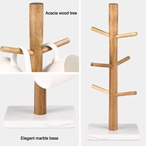 Buruis Wood Mug Holder, Marble Base Cup Rack Tree, Mug Stand Hanger, Kitchen Coffee Mug Tree Countertop Tea Cups Holder Stand, Coffee Cup Dryer with 6 Hooks