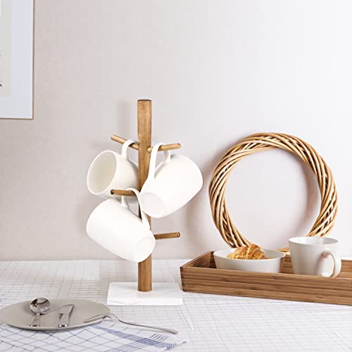 Buruis Wood Mug Holder, Marble Base Cup Rack Tree, Mug Stand Hanger, Kitchen Coffee Mug Tree Countertop Tea Cups Holder Stand, Coffee Cup Dryer with 6 Hooks