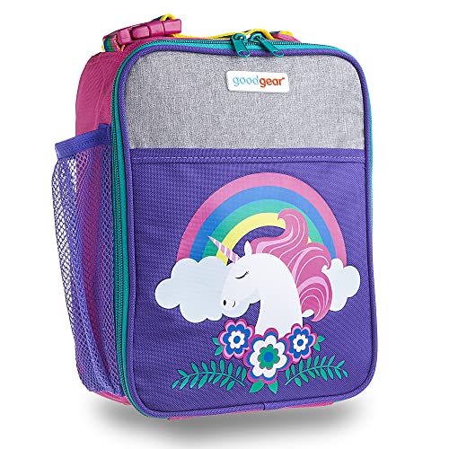 Good Gear Insulated Lunch Bag for Kids w/ Water Bottle Holder & Large Compartment, Unicorn School Girls Lunchbox, Pink/Purple