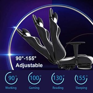 Gaming Chair with Footrest, Ergonomic Office Chair, Adjustable Swivel Leather Desk Chair, Reclining High Back Computer Chair with Lumbar Support and Headrest, Racing Style Video Gamer Chair