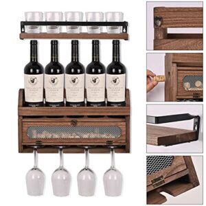 TRSPCWR Wall Mounted Wine Rack and Shelf Set of 2, Wood Rustic Floating Shelf, Wine Bottles & Glasses Holder with Cork Storage Store, Wine Decor and Storage Holder for Kitchen Dining Room Bar