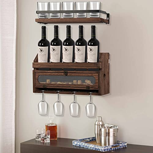 TRSPCWR Wall Mounted Wine Rack and Shelf Set of 2, Wood Rustic Floating Shelf, Wine Bottles & Glasses Holder with Cork Storage Store, Wine Decor and Storage Holder for Kitchen Dining Room Bar